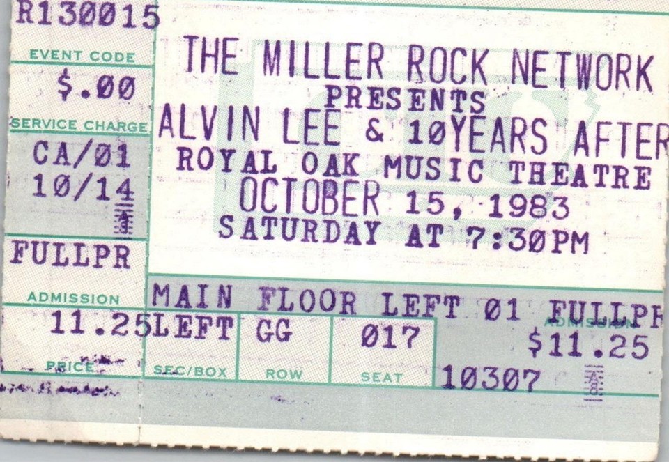 Alvin Lee Ten Years After Concert Ticket Stub October 15 1983 Royal Oak ...