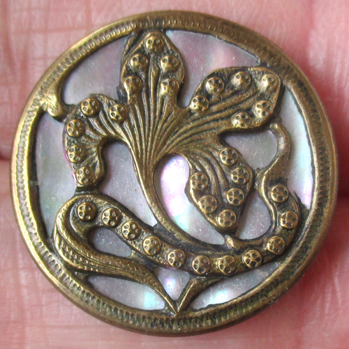 7/8" Antique Brass Button w Stamped Brass Overlay on MOP Background | eBay
