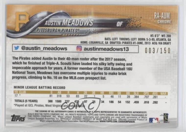 2018 Topps Chrome Rookie Blue Refractor /150 Austin Meadows #RA-AUM ...
