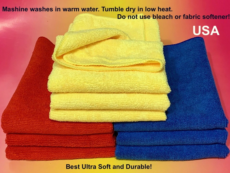 9 Red Yellow Blue MICROFIBER CLEANING WASH CLOTH TOWEL 16x16 CAR GLASS ...