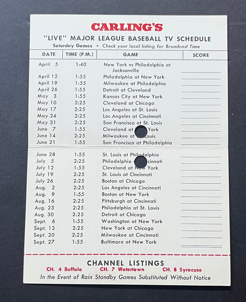 1957 MLB Baseball Broadcast Pocket Schedule Carlings Black Label New ...
