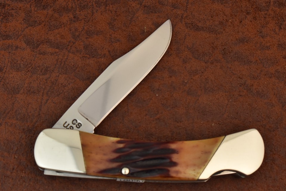 BEAR & SON USA MADE AMBER STAG BONE BONESTAG CARBON STEEL LOCKBACK ...