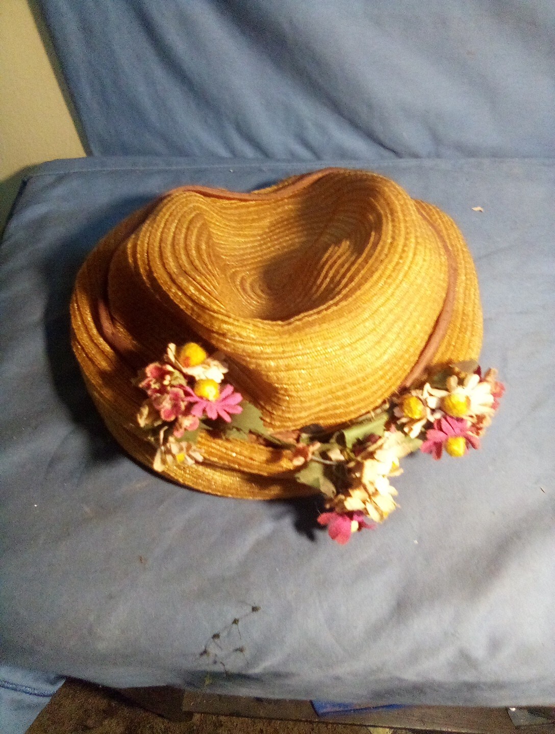 Antique Brown Hat With Flowers Around Rim - Gem
