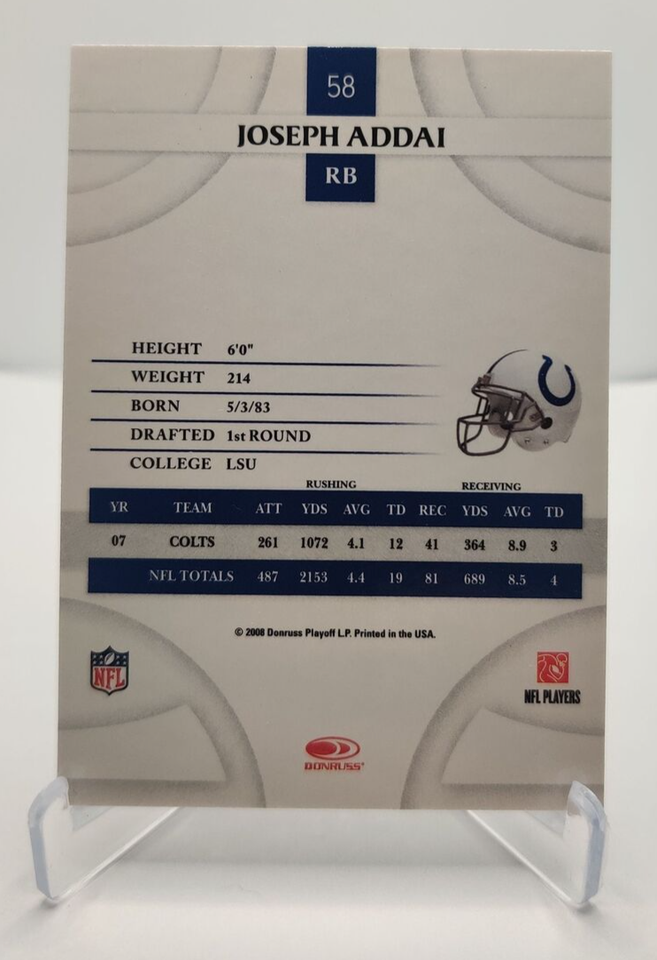 2008 Donruss Threads Joseph Addai #58 Indianapolis Colts football card ...