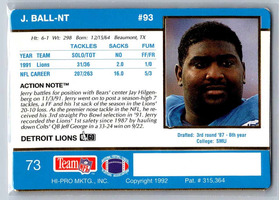 # 73 Jerry Ball Detroit Lions 1992 Action Packed | eBay