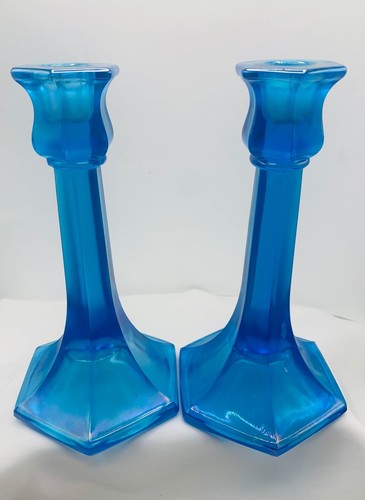 VTG PAIR NORTHWOOD BLUE IRIDESCENT STRETCH GLASS CANDLESTICKS-HEXAGON ...