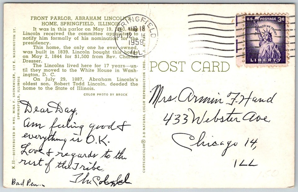 Springfield Illinois 1959 Postcard Front Parlor Abraham Lincoln Home ...