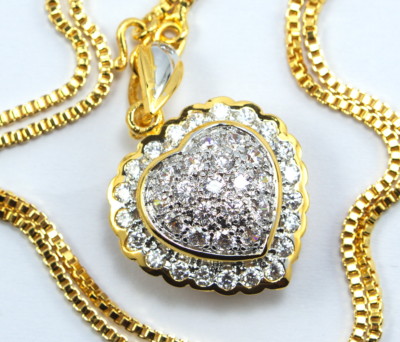 Stunning 2 Tear Heart CZ Stone Pendant + 22" Chain 22K 24K Gold GP Thai ...