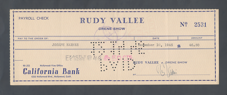 JOAN DAVIS JACK HALEY RUDY VALLEE 1943 RADIO SHOW SCRIPT w SIGNED CHECK ...