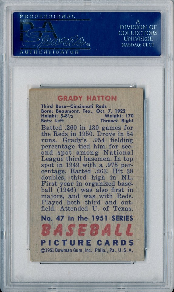 1951 Bowman GRADY HATTON Signed Card #47 Auto Slabbed Cincinnati Reds ...