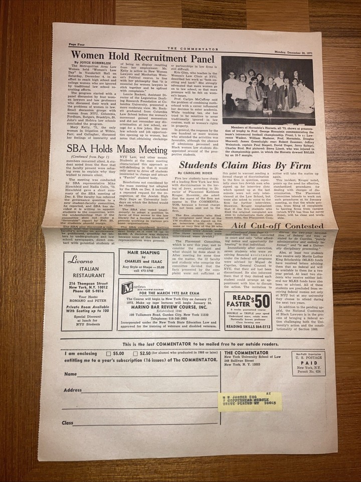 NEW YORK UNIVERSITY LAW CENTER Student Newspaper "The Commentator" Dec ...