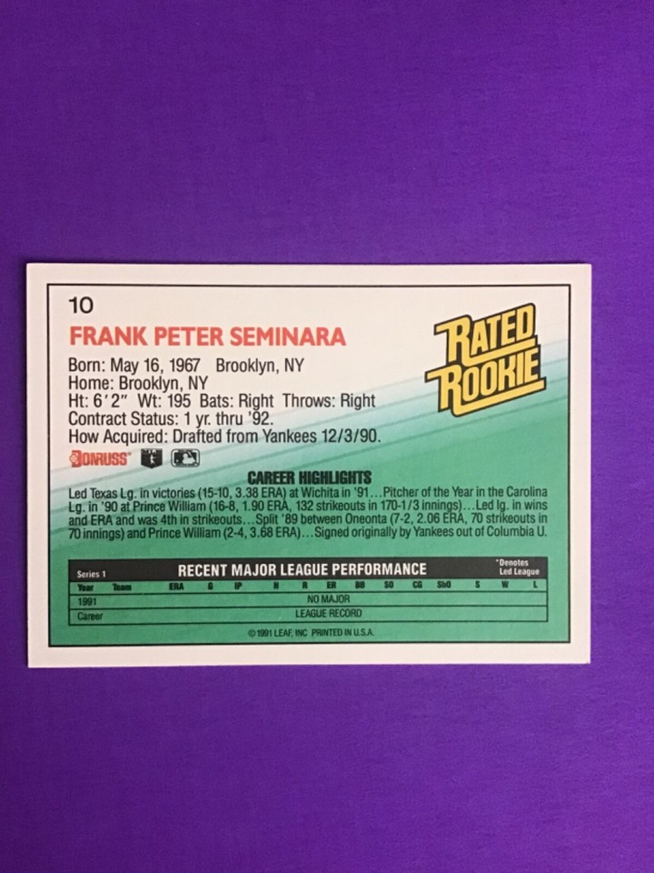 1992 Donruss baseball card # 10 Frank Peter Seminara NM/MT | eBay