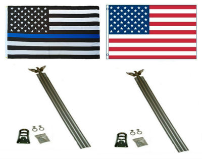 3x5 Police Thin Blue Line Memorial & USA Flag & 2 Aluminum Pole Kit ...