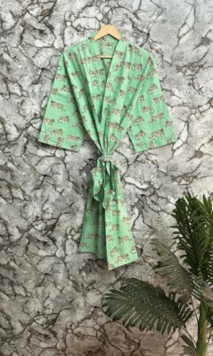 Cotton Robe Long Kimono Sleepwear Indian Green Tiger Printed Night Suit ...