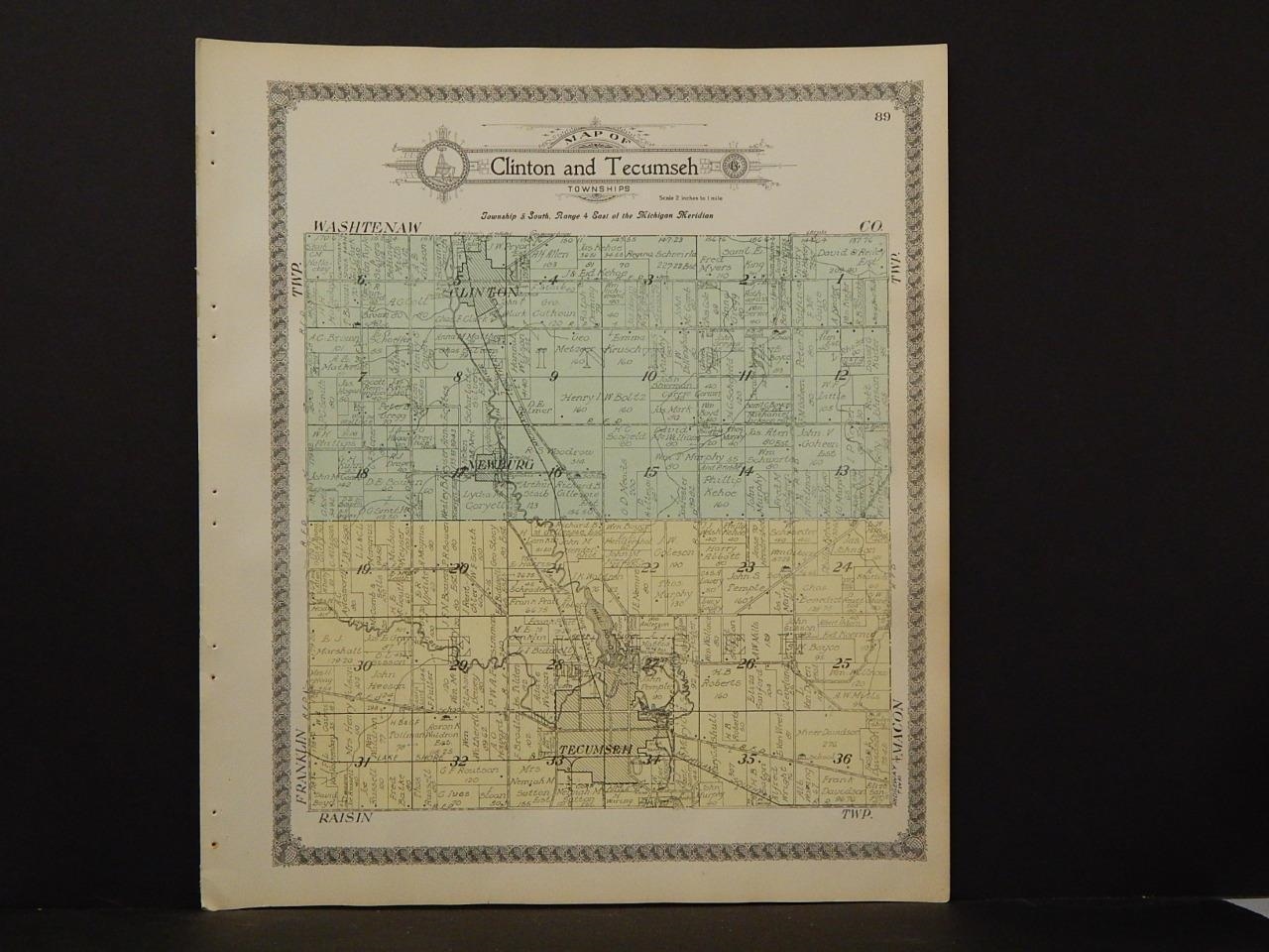 Michigan, Lenawee County Map, 1916 Township of Clinton & Tecumseh L3#05 ...