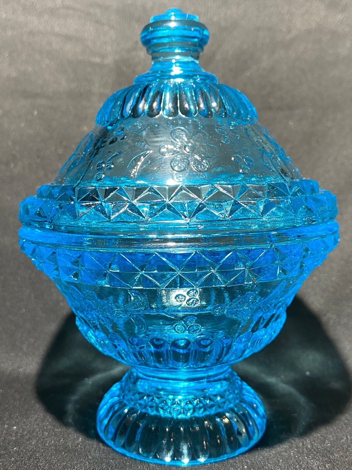 Blue Vaseline glass wildflower covered candy dish uranium coffee sugar ...