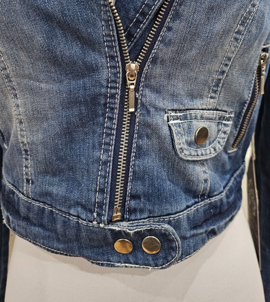 Wet Seal Wall Flower Distressed Blue Denim Zip Jean Moto Jacket Coat S ...