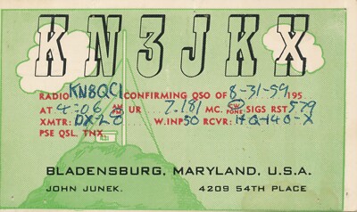 QSL CARD HAM RADIO KN3JKX K3JKX JOHN JUNEK BLADENSBURG, MARYLAND YEAR ...