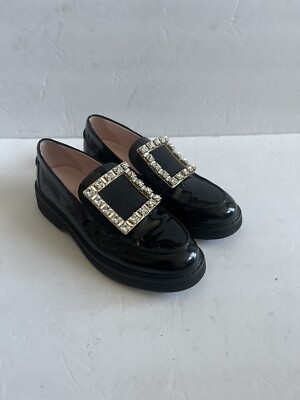 Christine Shell Women Rhinestone Square Buckle Black Leather Loafer ...