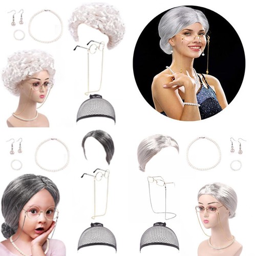 Grandma Old Lady Dress Up Granny Costume Wig Set Adult Kids Cosplay ...