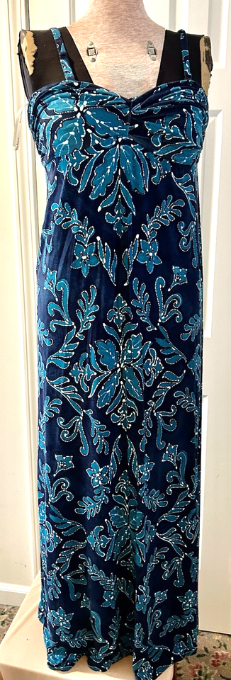 TOMMY BAHAMA Strapless Navy Blue Batik Maxi Dress M Teal Floral Block ...