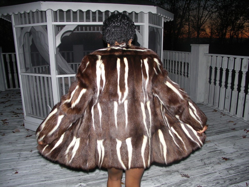 Rare Unique Designer Genuine Brown white skunk Fur Coat Jacket stroller ...