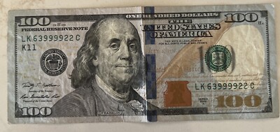 Fancy Lucky Serial Number $100 One Hundred Dollar Bill K11 US 2009 ...