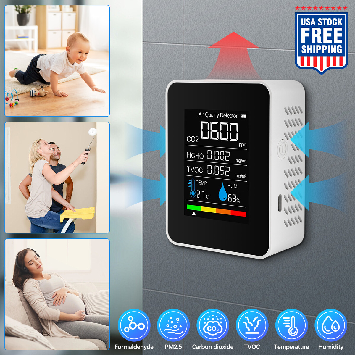 Air Quality Monitor Indoor 5-in-1 Air Quality Monitor - CO2 TVOC HCHO ...
