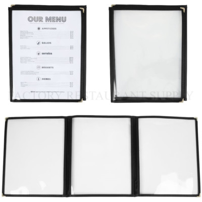 50 PACK 8 1/2" x 11" Black Vinyl 3 Pocket Tri Fold Clear Restaurant ...