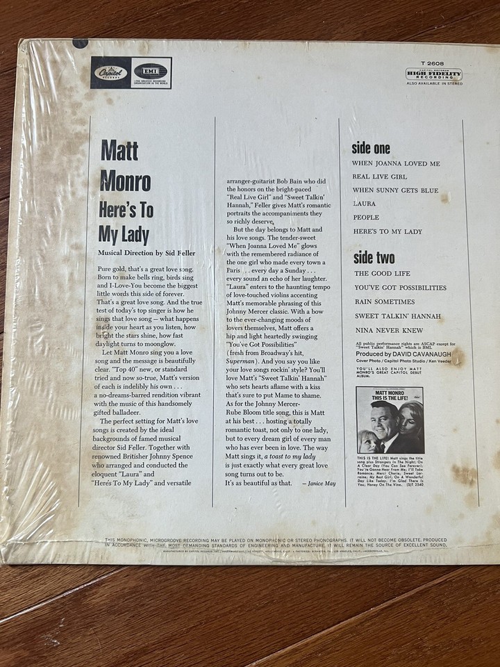 Matt Monro - Here's To My Lady - Used Vinyl Record - M16213S | eBay
