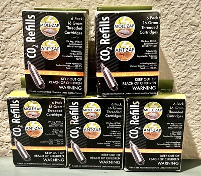 Lot of 5 16g Threaded CO2 Cartridges 6-Pack Each Mole-Zap/Ant Zap ...