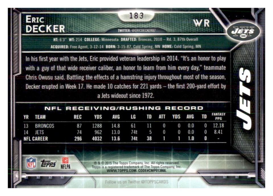 2015 Topps Eric Decker NFL PWE Base Card Jets #183 | eBay