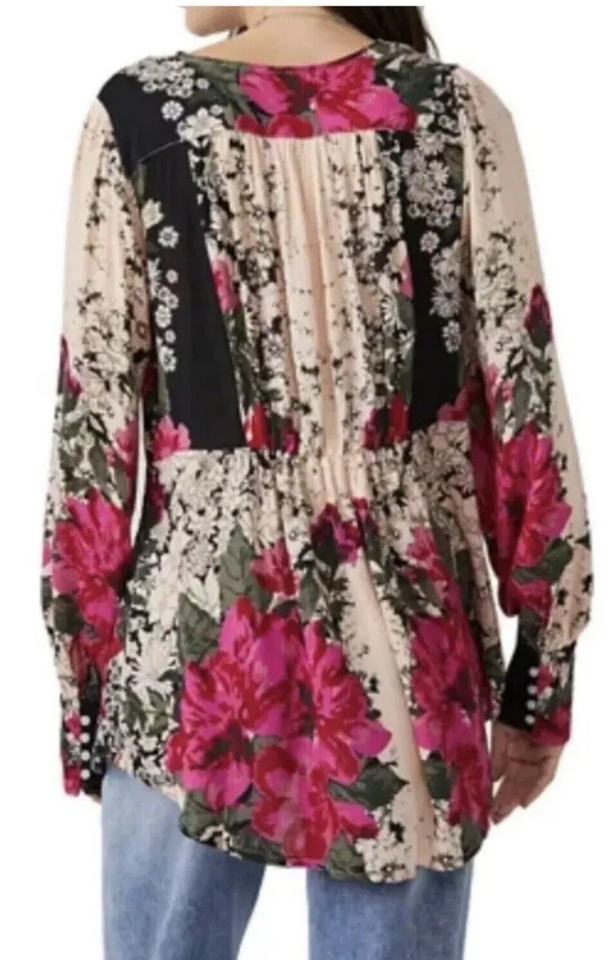 Free People Mikayla Printed Tunic Top Blouse Plunging V Neck Viscose Women’s S | eBay