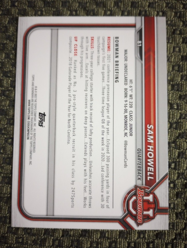 SAM HOWELL 2022 BOWMAN U 1ST ED AUTO SEATTLE SEAHAWKS NORTH CAROLINA ...