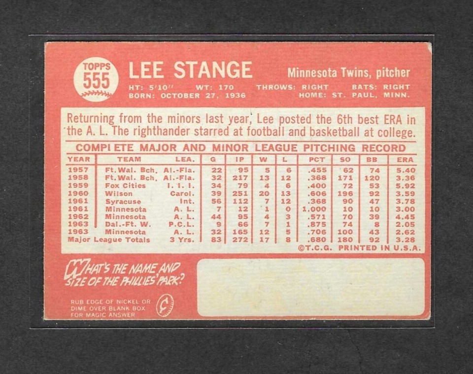 1964 Topps #555 Lee Stange , Minnesota Twins baseball | eBay
