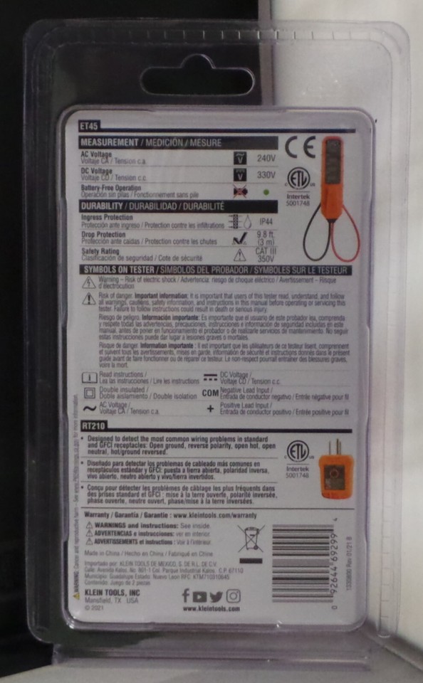 Klein Tools ET45VP AC/DC Voltage and GFCI Receptacle Outlet Test Kit ...