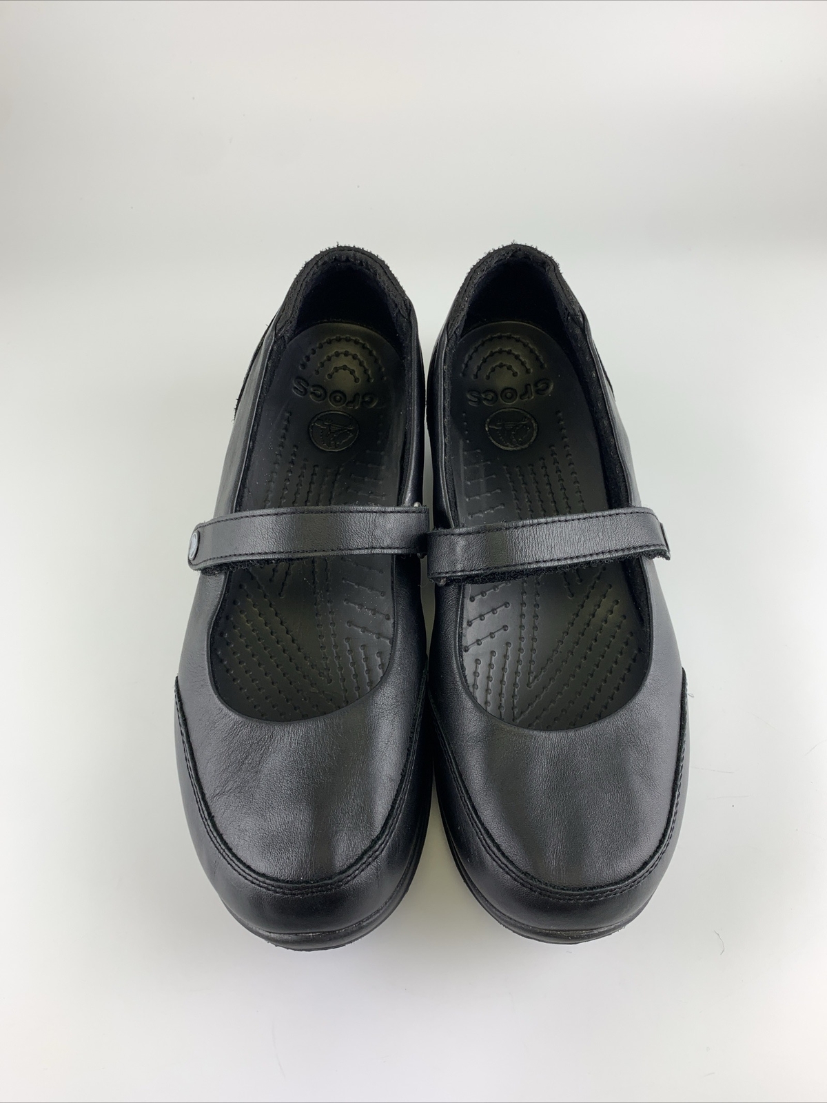 CROCS Saffron Black Leather Mary Jane Hook Loop Flat … - Gem