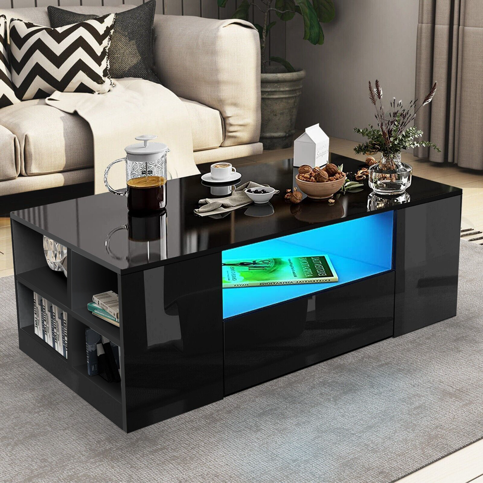 LED Coffee Table Wooden 2 Drawer Storage High Gloss Modern Living Room ...