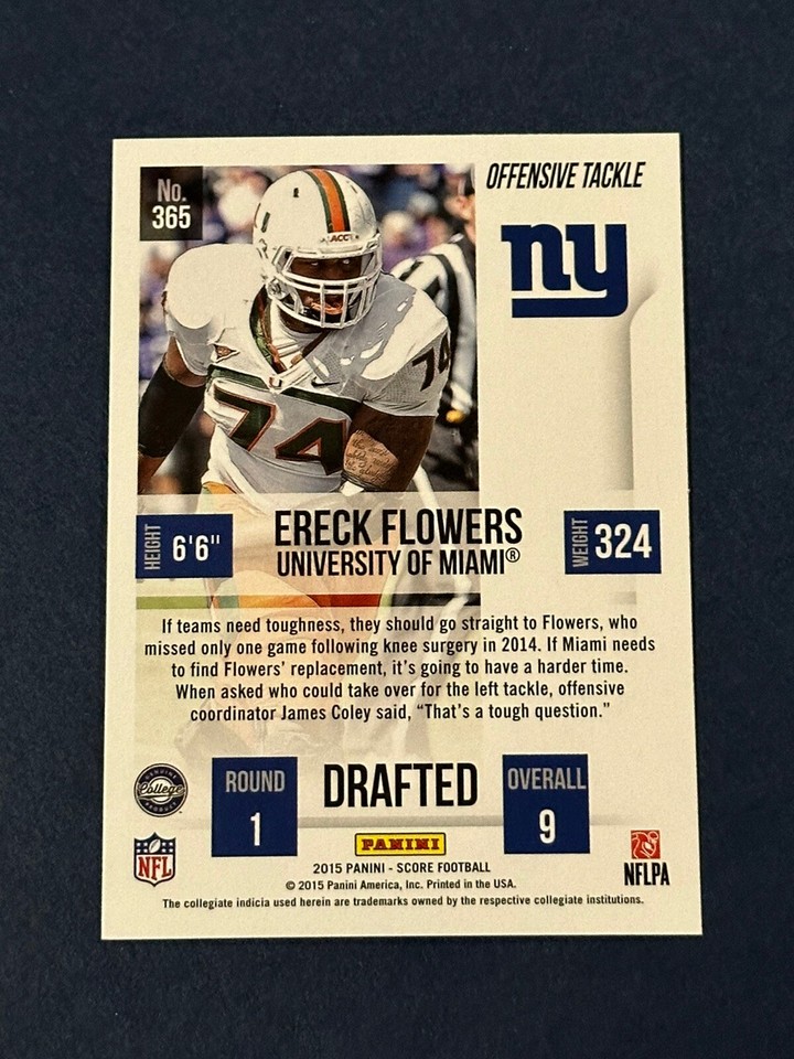 2015 Panini Score Ereck Flowers Rookie #365 Miami/New York Giants RC (Q ...