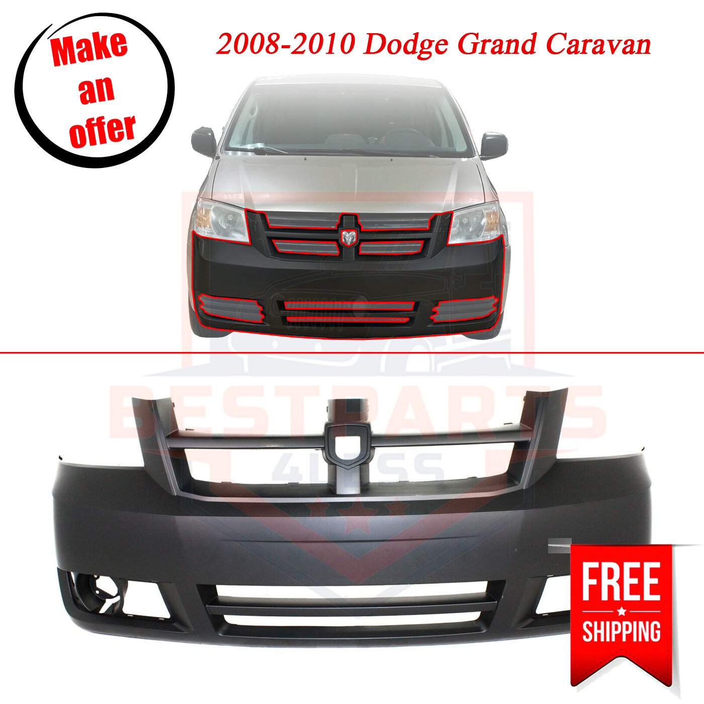 Front Bumper Cover CH1000924 1AG01TZZAB for 2008-2010 Dodge Grand ...