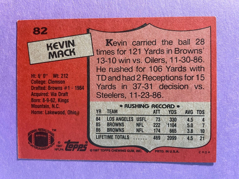 SIGNED KEVIN MACK 1987 TOPPS FOOTBALL CARD AUTOGRAPHED - BROWNS | eBay
