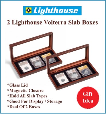 2 Lighthouse Wood Display Storage Boxes - 3 Graded Certified Coin Slabs ...