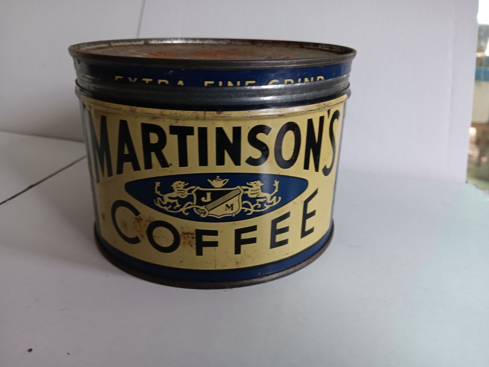 Vintage Martinson's Coffee tin, 1 lb. key-wind, w/lid; blue logo ...