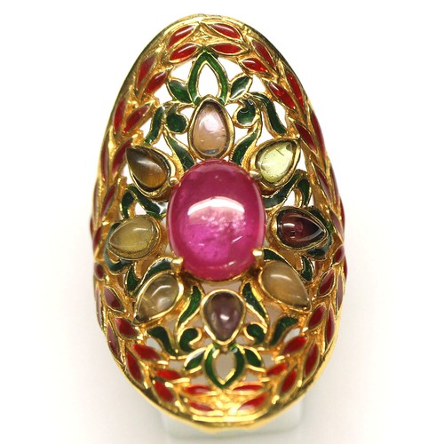 Gemstone Red Ruby, Tourmaline & Enamel Brand Ring 925 Silver Size 8.5 ...