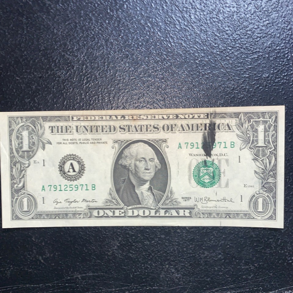 💎 1977 UNC $1 BILL ERROR Ink Smear Offset Alignment/ Wet Ink Transfer ...