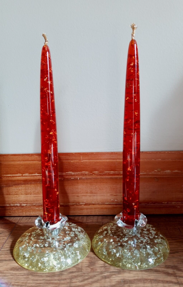 Vtg Pair Lucite Red Candles w/Gold Flakes & Clear Lucite Holders w ...