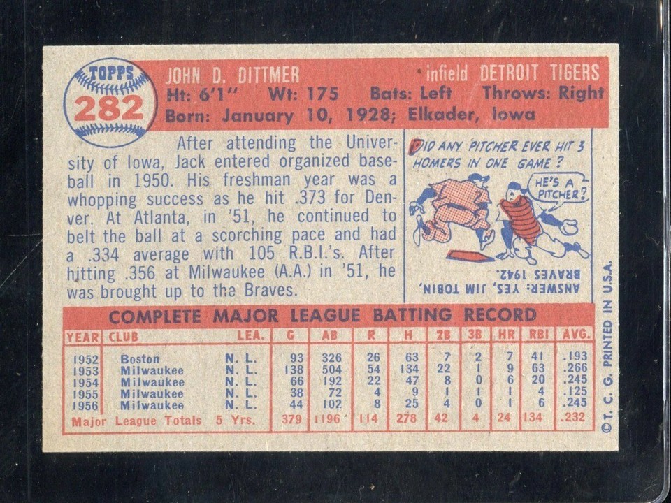 1957 Topps SET BREAK #282 Jack Dittmer - MINT corners - Detroit Tigers | eBay