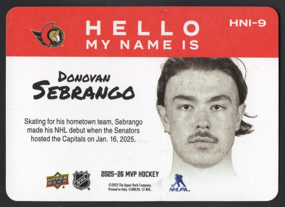 2025-26 UPPER DECK NHL MVP HELLO MY NAME IS STICKER CARD HNI-9 Donovan ...