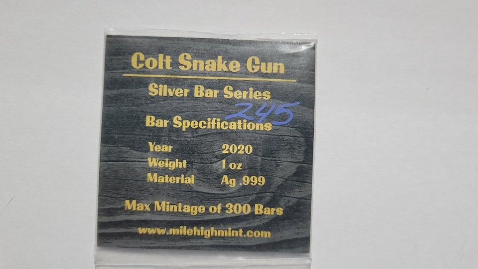 1 oz 1990 Silver * RARE * Colt Snake Gun Anaconda * #245 * Max Mint 300 ...