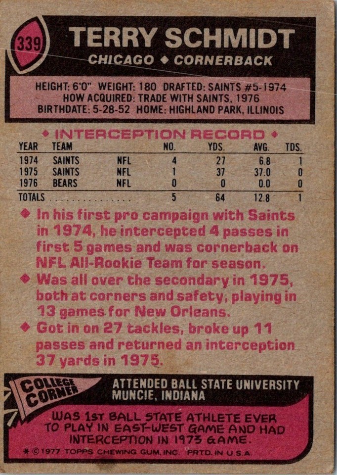 1977 Topps Terry Schmidt #339 Chicago Bears Football Card | eBay